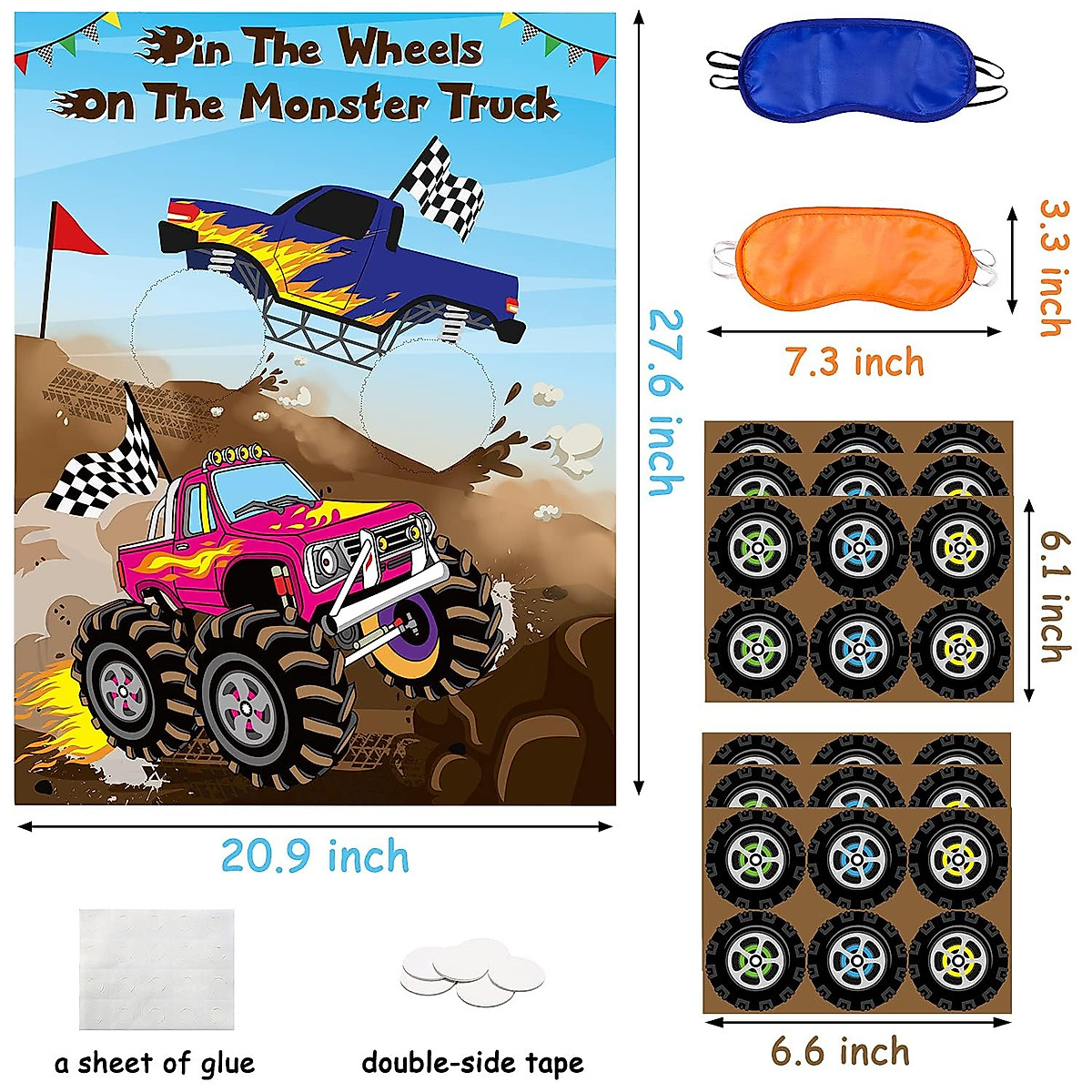 ANGOLIO Monster Truck Pin The Tail Games Party Supplies Pin The Wheels on The Monster Truck Poster Birthday Collection Favor Baby Shower Background Game Accessories for Kids (includes 2 Blindfolds)
