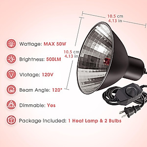 Briignite Reptile Heat Lamp Red, Reptile Night Lamp 50W, G9 Heat Bulb & Dome Reptile Light Fixture, Aluminum Reflector, Dimmable Heat Lamp for Chicken Turtle Snake Gecko Lizard, 1 Pack