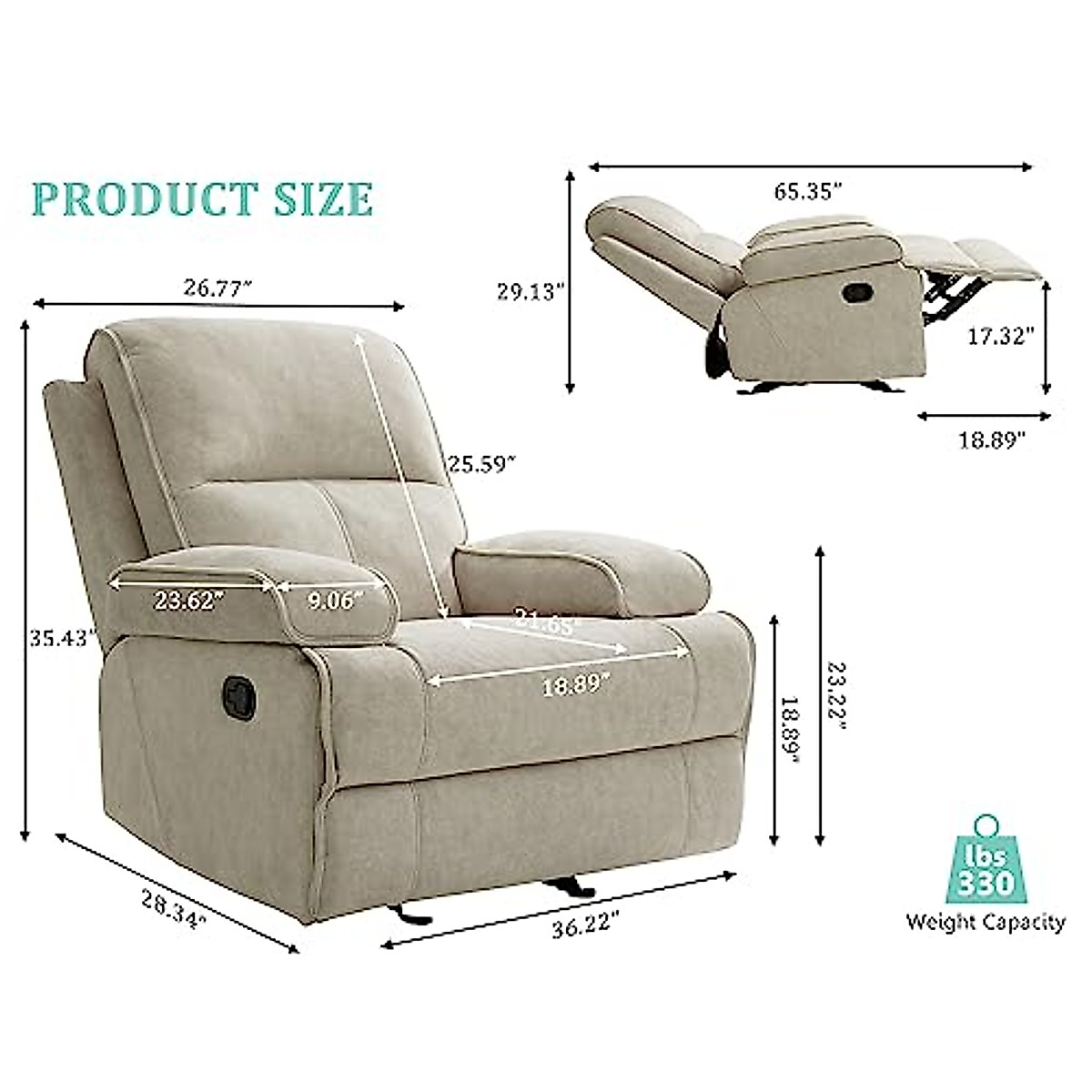 RISAR Oversized Rocker Recliner Chair, Ergonomic Nursery Manual Rocking Armchair Upholstered Thick backrest & Removable armrest Single Sofa Chair for Living Room (Beige)