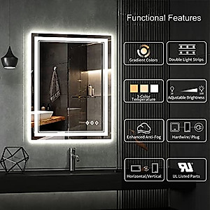 VanPokins LED Bathroom Mirror, 24x32 Inch Gradient Front and Backlit LED Mirror for Bathroom, 3 Colors Dimmable CRI>90 Double Lights, IP54 Enhanced Anti-Fog, Hanging Plates Wall Mount Lighted Mirror