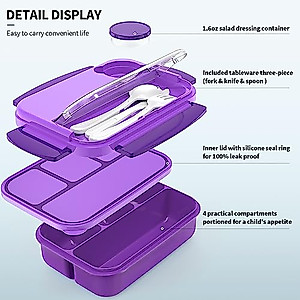 Bento Box, Lunch Box Kids, Bento Lunch Box for Kids/Toddler/Adults, 1300ML-4 Compartment Bento Box Adult Lunch Box w/Food Picks Cake Cups, Built-in Utensil Set, Leak-Proof, Food-Safe Material(Purple)