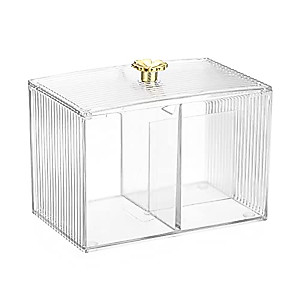 Hipiwe Acrylic Q-tip Holder with Lid- 3 Sections Bathroom Dispenser Jar Cotton Ball and Swab Organizer Plastic Apothecary Jar Makeup Storage Canister Box for Cotton Rounds Pads Floss