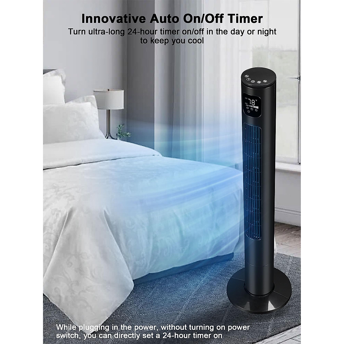 Uthfy 46" Tower Fan With Remote, 24ft/s Fan for Bedroom with 24 H Timer, 80° Oscillating Fan with 3 Speeds, 3 Modes, Portable Fans that Blow Cold Air, Standing Bladeless Fan for Room Home Office