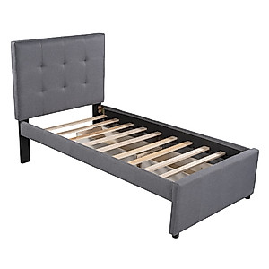 HZSSDTKJ Twin Size Linen Upholstered Platform Bed with Headboard and 2 Storage Drawers, Wooden Daybed Frame with Slat Support for Kids Teens Girls Boys Adults, No Box Spring Needed (Gray-04, Twin)