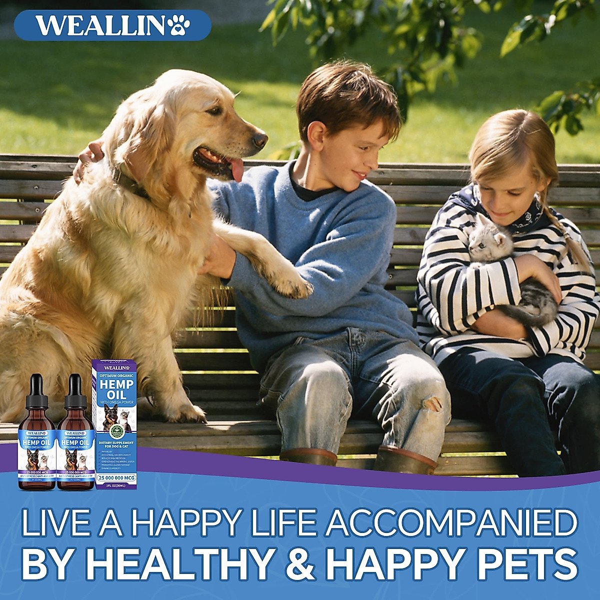 WEALLIN Hemp Oil for Dogs and Cats, Rich in Omega 3, 6, 9 and Organic Extract Helps Pets with Anxiety, Pain, Skin and Coat Health, Stress, Hip and Joint Support, Pet's Calming Treat (2 Pack)