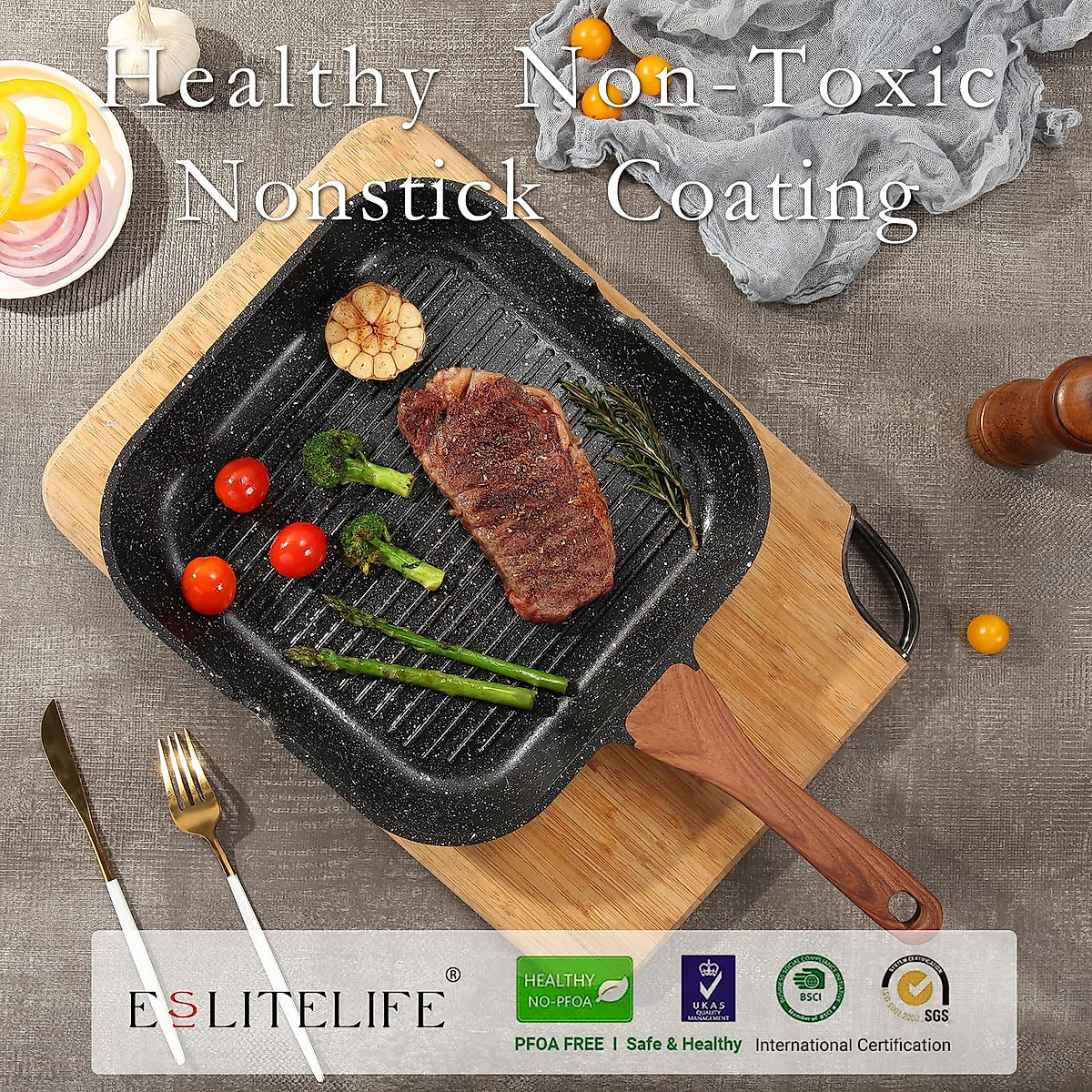 ESLITE LIFE 9.5 Inch Nonstick Grill Pan for Indoor Cooking, Versatile Induction Square Large Grilling Skillet Steak Pan for Stove Tops, PTFE & PFOA Free, Black