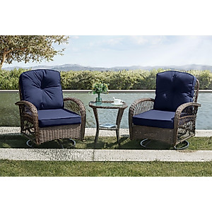 SHA CERLIN 3 Pieces Patio Furniture Set, Outdoor Swivel Glider Rocker, Wicker Patio Bistro Set with Rocking Chair, Cushions and Table (Blue)