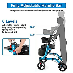 Healconnex Rollator Walkers for Seniors-Folding Rollator Walker with Seat and Four 8-inch Wheels-Medical Rollator Walker with Comfort Handles and Thick Backrest-Lightweight Aluminium Frame,Blue