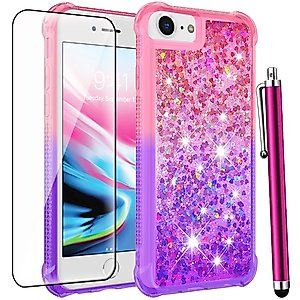 CAIYUNL for iPhone SE Case 2022/2020, iPhone 8 Case, iPhone 7 Case with Screen Protector, Women Girls Cute Glitter Bling Floating Liquid Soft TPU Silicone Shockproof Protective Phone Case -Pink/Purple
