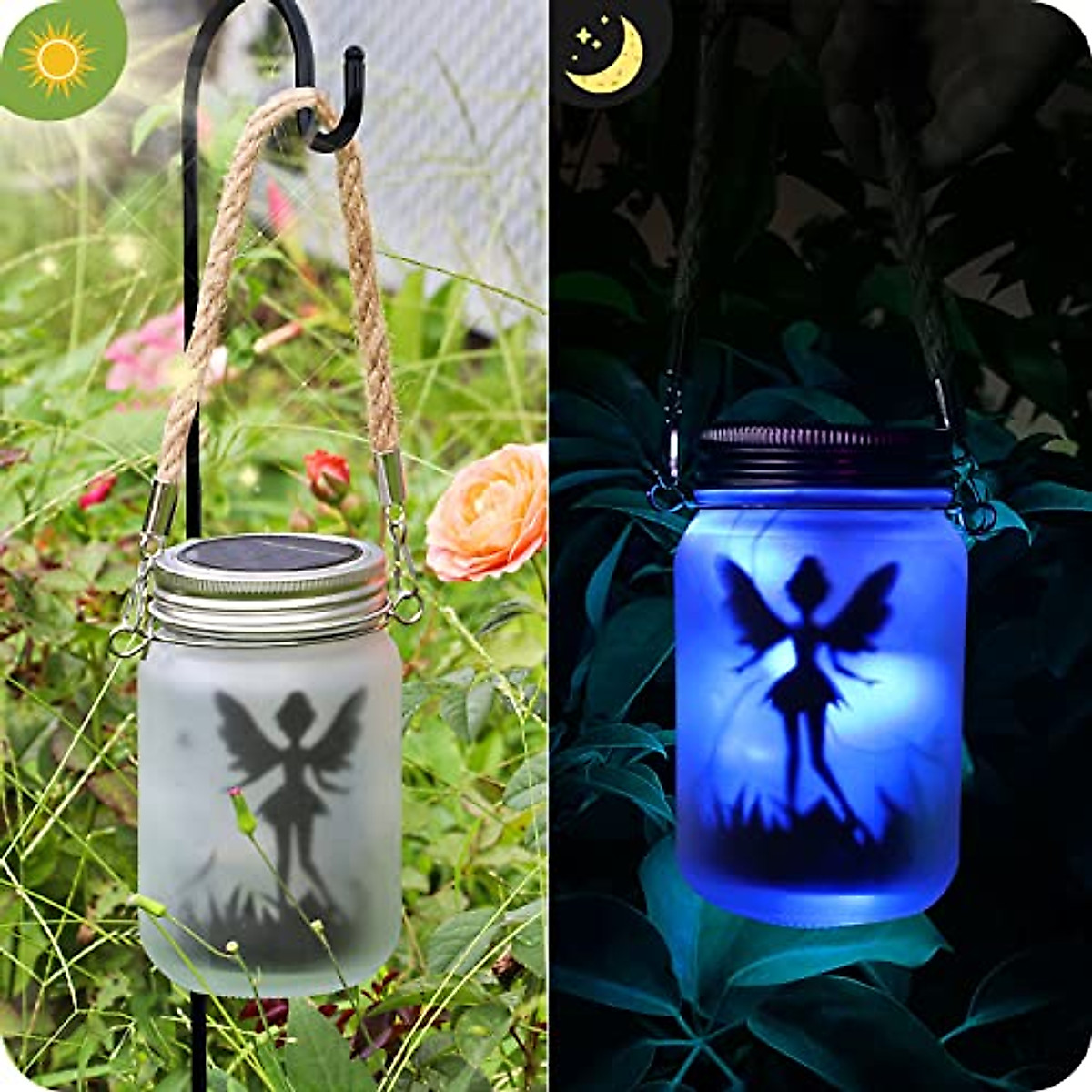 Alritz 2 Pack Solar Lantern Fairy Lights, Garden Ornament Lights - Outdoor Hanging Frosted Glass Mason Jar Lights for Tree, Table, Yard, Garden, Patio, Lawn (Blue)