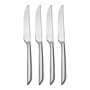 nambe Frond Steak Knives | Set of 4 | Premium Stainless Steel Meat Knife Set | Sharp Serrated Tomato Knife for Home, Kitchen, or Restaurant | Dishwasher Safe (Silver-9 Inch)