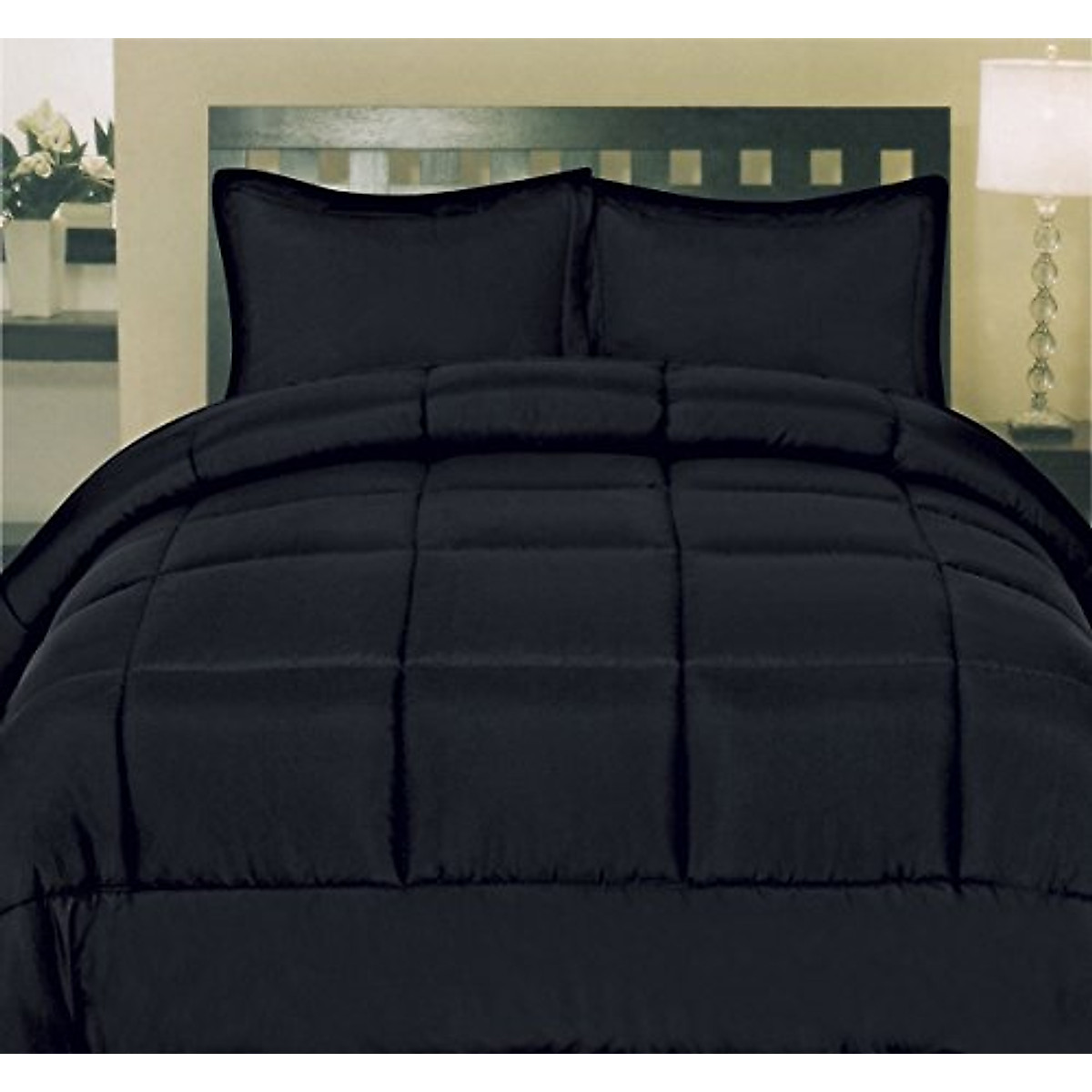 Sweet Home Collection 7 Piece Comforter Set Bag Solid Color All Season Soft Down Alternative Blanket & Luxurious Microfiber Bed Sheets, Black, Queen