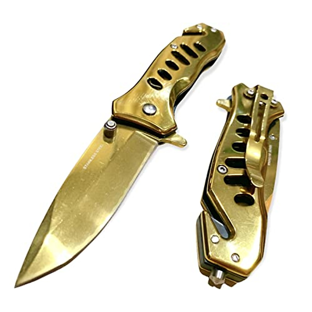 Super Knife 6.75" Gold Coated Spring Assisted Open Blade EDC Folding Pocket knife, Straight Edge Blade (Gold)