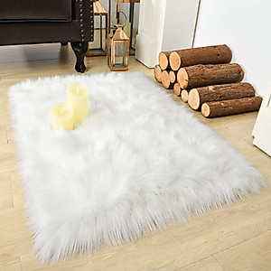 LOCHAS Soft Fluffy Faux Fur Rugs for Bedroom Bedside Rug 2x3 Feet, Washable, Furry Sheepskin Area Rug for Living Room Girls Room, Luxury Shag Carpet Home Decor, White