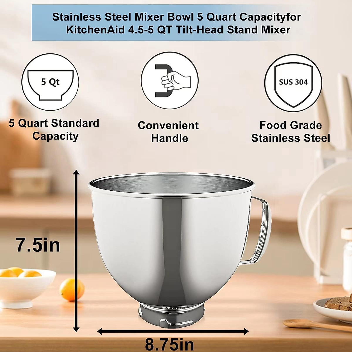 5 Quart Stainless Steel Mixer Bowl for KitchenAid Stand Mixers, Compatible with 4.5 & 5 QT KitchenAid Tilt-Head Mixers, KitchenAid Mixer Accessories, KitchenAid Replacement Bowl