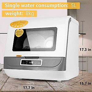 LemoHome Portable Countertop Dishwasher,4 Washing Programs, Air-Dry Function and LED Light for Small Apartments, Dorms and RVs (White)