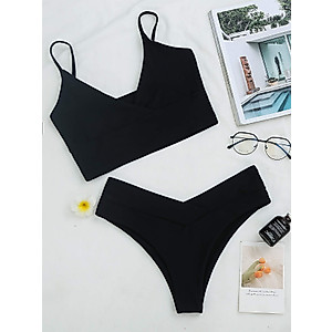 Balimtoy Summer Bikini Sets for Women Sexy V Neck Push Up Bathing Suits High Cut Thong Two Piece Cheeky Swimsuit Black S