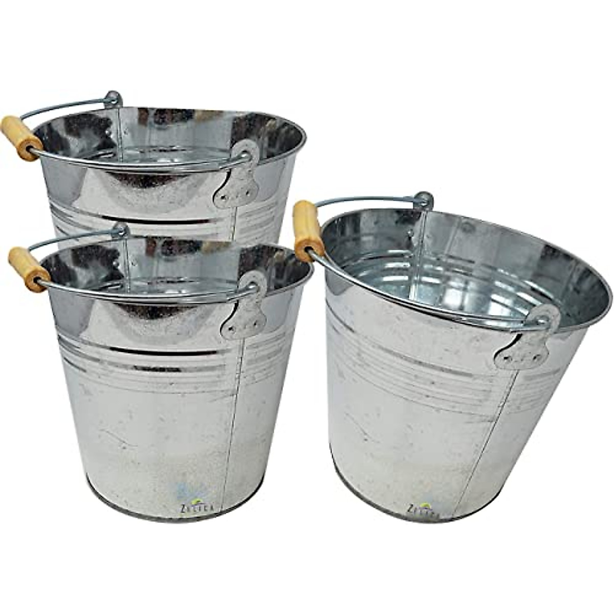 Large 2 Gallon Metal Bucket (3 Pack) Pail Tins Silver W/Wood Handle for Gifts Basket, Ice, Beer or Candy – 10” top x 9” h x 7.5” Bottom