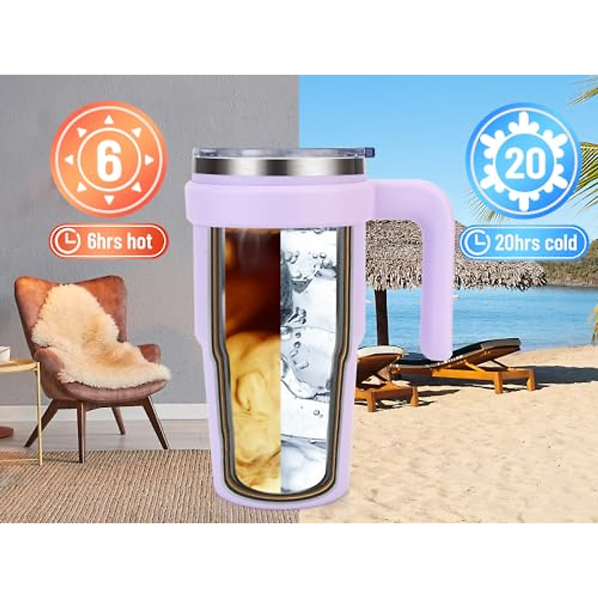 Zukro 20 oz Insulated Tumbler With Handle, Ceramic Interior Coating, No Metallic Aftertaste, Vacuum Stainless Steel Travel Coffee Cup with Lid and Straw, Keep Drinks Hot & Cold, Dishwasher Safe