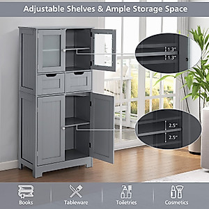 Giantex Bathroom Floor Storage Cabinet - Freestanding Cabinet with 2 Glass Doors, 2 Drawers & Adjustable Shelves, Multifunctional 50.5” Tall Storage Organizer Cupboard for Kitchen, Living Room (Gray)