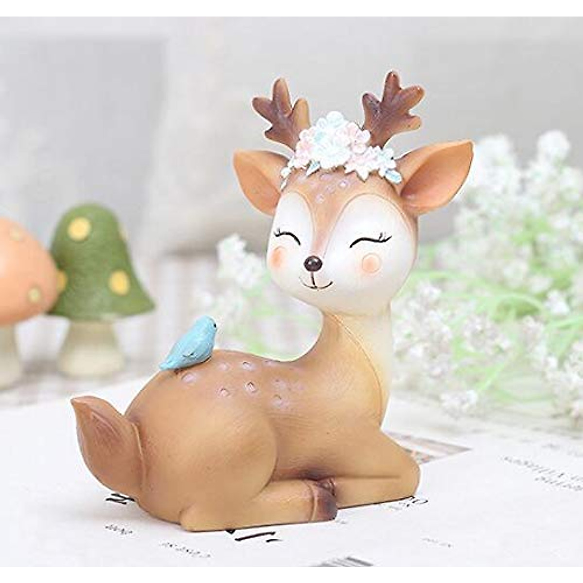 4.3 Inch Woodland Animal Deer Cake Topper Cute Baby Shower Party Decoration Deer Figurines Toy Christmas Miniature Doe Fawn Resin Ornament for Birthday Wedding Anniversary