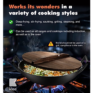 Klee Pre-Seasoned Cast Iron Wok Pan with Wood Wok Lid and Handles - 14" Large Wok Pan with Flat Base and Non-Stick Surface for Deep Frying, Stir-Frying, Grilling, Steaming - Stovetop and Oven Safe