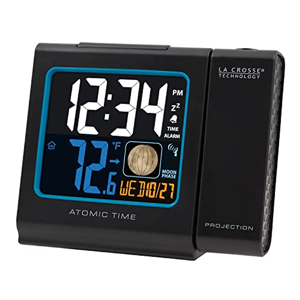 La Crosse Technology 616-146A 5-Inch Color Atomic Projection Alarm Clock with Moon Phase, Black, 5.23"L x 1.96"W x 4.33"H