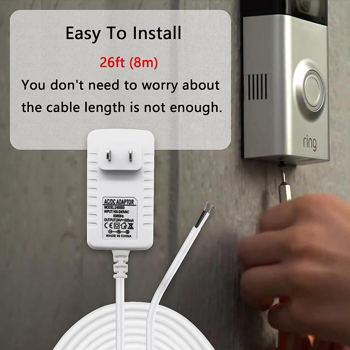 C Wire Adapter for Amazon Nest Thermostat 24V Transformer Power Supply Compatible with Ecobee Ring Doorbell Sensi Eufy Plug in Smart Power Connector 26ft Long Charger Cord