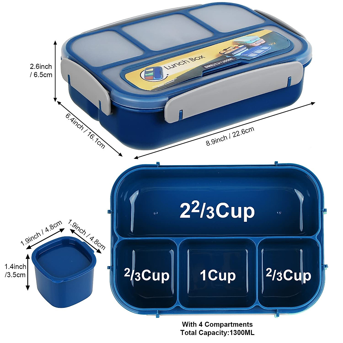 MaMix Bento Box Adult Lunch Box, Lunch Box Kids,Lunch Containers for Adults/Kids/Toddler,1300ML-4 Compartment Bento Lunch Box,with Accessories 4 Pcs Reusable Silicone Cups (Blue)