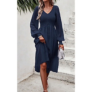 PRETTYGARDEN Women's Fall Dresses 2024 Long Sleeve V Neck Swiss Dot Smocked Ruffle Midi Dress Boho Chiffon Flowy Long Dress (Navy,Large)