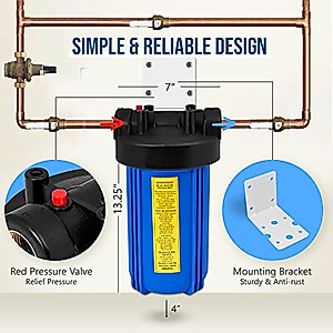 High Capacity 10 x 4.5-Inches Blue Whole House Water Filter Purifier System with Presser Relief Button, 1” Inlet/Outlet Brass Port & Yearly Supply (4) Polypropylene Sediment Cartridges 5 Micron