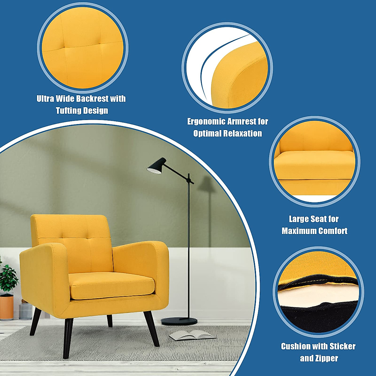 S AFSTAR Modern Upholstered Armchair, Mid-Century Fabric Accent Chair with Rubber Wood Legs, Leisure Lounge Chairs Living Room Furniture (1, Yellow)