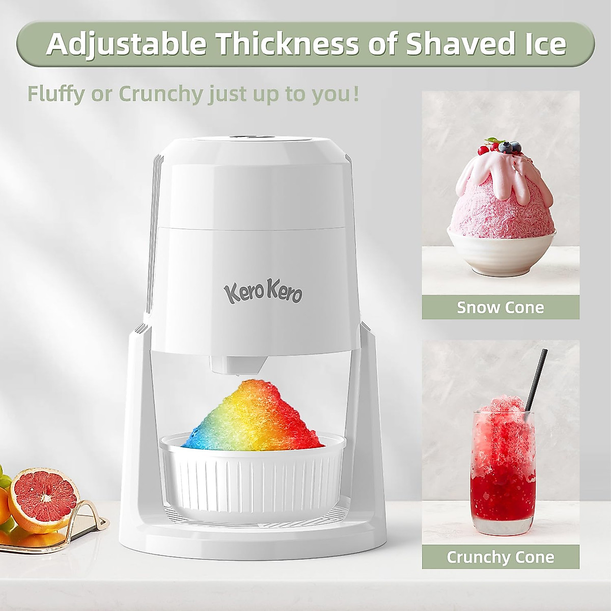 Kero Kero Shaved Ice Machine, Multi-Purpose Ice Shaver Machine with Adjustable Blade, Snow Cone Machine for Homemade Shaved Ice, Slushie Machine, Snowcone Machines for Kid with Reusable Ice Mold.white