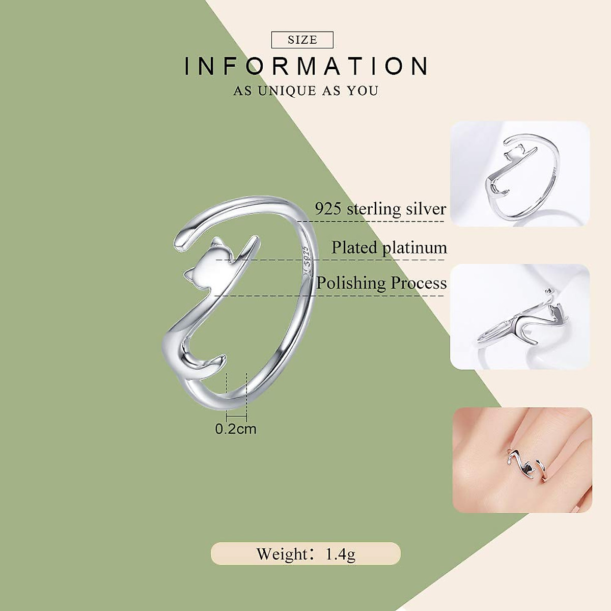 VINWOS Silver Cat Animal Rings for Women 925 Sterling Silver Kitty Adjustment Rings Jewelry Mother's Day Gifts for Her