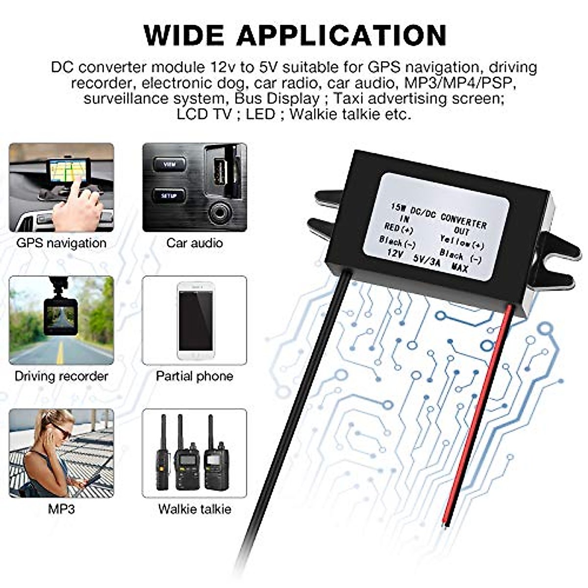 DC Converter Voltage 12V to 5V 3A 15W DC Buck Converter Module, DC to DC Reduced Voltage Regulator Car Power Adapter with Output Power Adapter