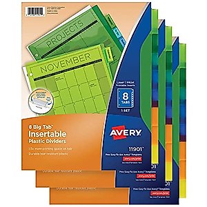 Avery Dividers for 3 Ring Binders, 8-Tab Binder Dividers, Plastic Binder Dividers, Insertable Big Tabs, Multicolor, 3 Sets (71901)