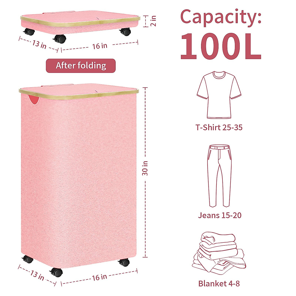 Pink Laundry Hamper with Wheels - 100L Large Laundry Hamper with Lid, Rolling Laundry Hamper on Wheels, Collapsible Laundry Hamper with Removable Mesh Bag and Bamboo Handles for Easy Carrying