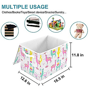 CaTaKu Llama Cactus Cute Storage Bins with Lids Fabric Large Storage Container Cube Basket with Handle Decorative Storage Boxes for Organizing Clothes Shelves