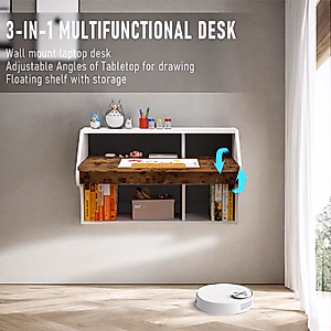 Pmnianhua Floating Desk with Adjustable Drawing Tabletop,Wall Mounted Desk with Angles Adjustable Drafting Table,Multifunctional Workstation for Bedroom Dormitory Small Space(Rustic Brown)