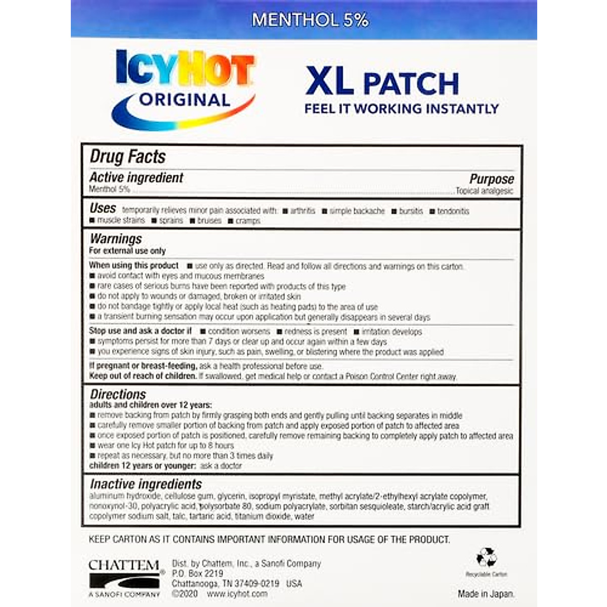 Icy Hot Original XL Pain Relief Patch (3 Count) for Back and Large Areas