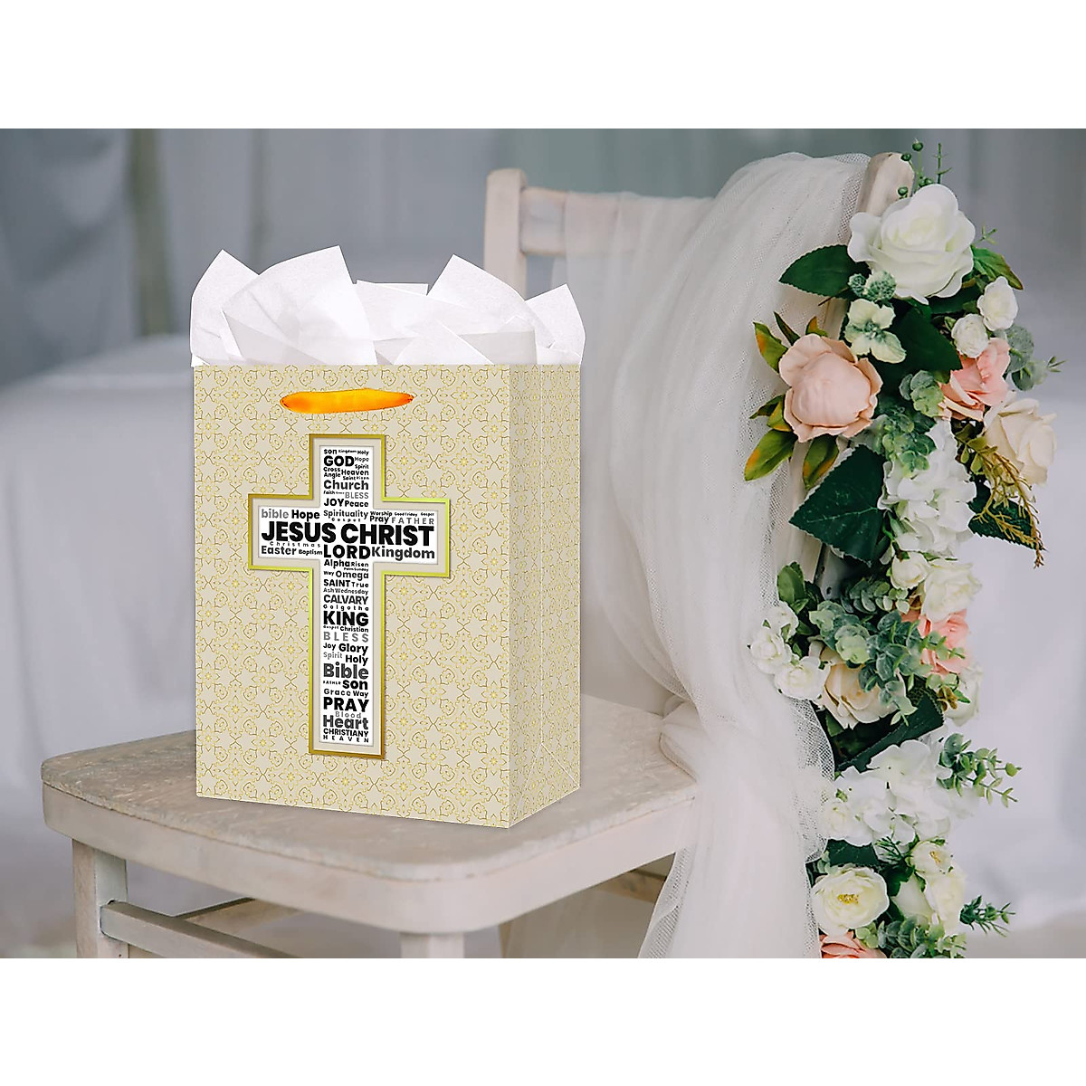 SICOHOME Large Gift Bag with Tissue Paper,Cross Paper Gift Bags with Handle for Baptism Christenings Confirmations First Communions Religious Wedding,Christmas Baptism Gifts Bag for Kids Boys Girl