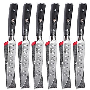 KYOKU Steak Knife Set of 6, Samurai Series 5" Steak Knives, Non Serrated High Carbon Steel Knives Set with Case Pakkawood Handles Mosaic Pins Sheaths, Ultra Sharp Dinner and Kitchen Knife Cutlery Set