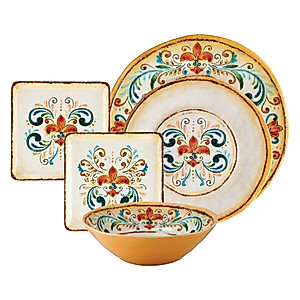 UPware 16-Piece Melamine Dinnerware Set, Includes Dinner Plates, Salad Plates, Dessert Plates, Bowls, Service for 4. (Tuscany)