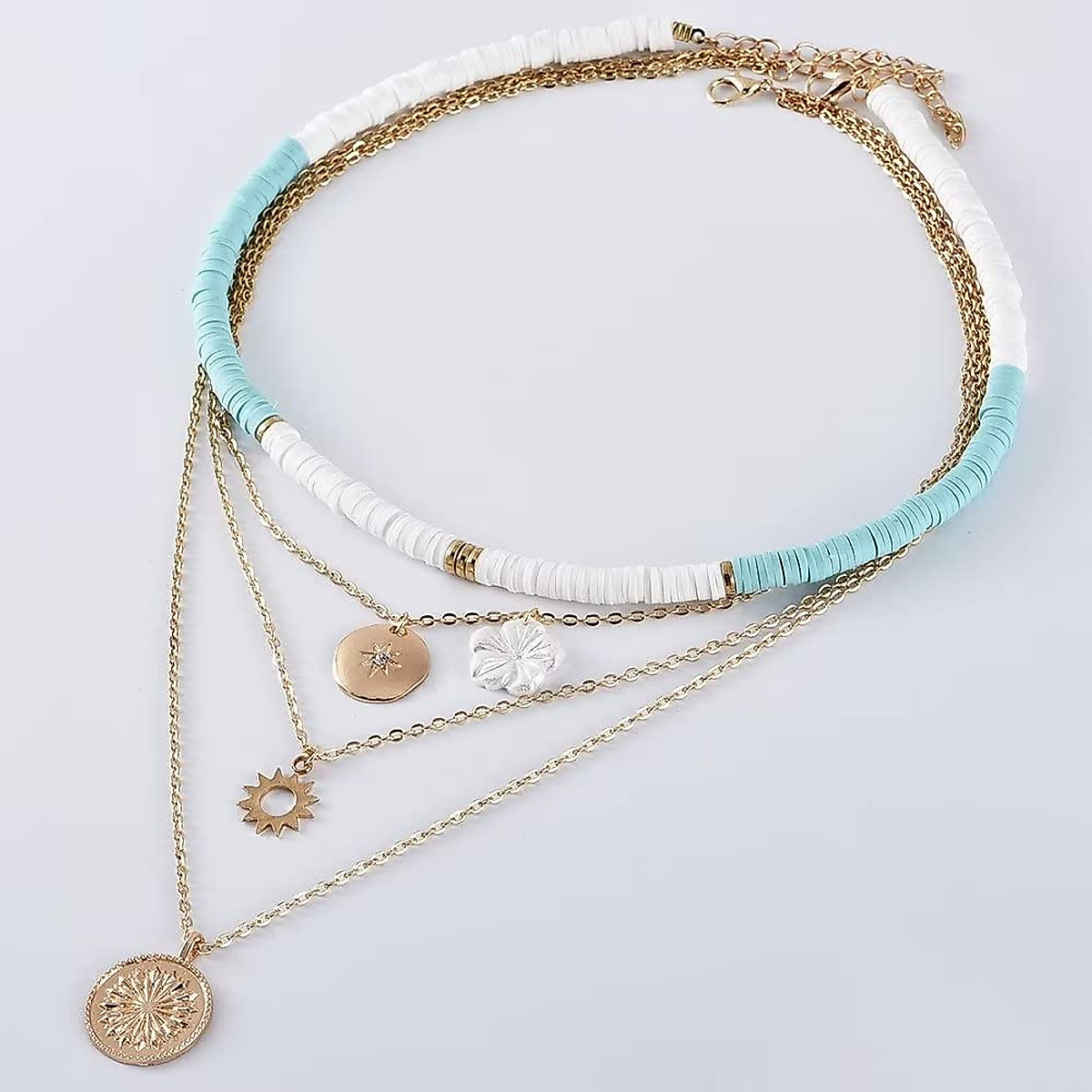 Blue Drop Summer White Heishi Surfer Choker Layered Necklace for Women Flower Gold Helios Coin Pendant Pretty Stylish Floral Jewelry Gifts