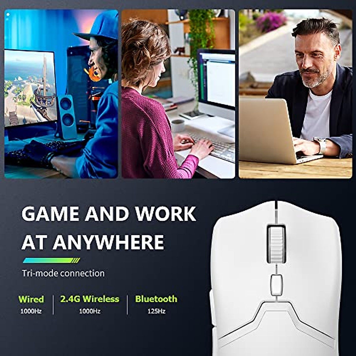 DeLUX M800PRO Wireless Gaming Mouse, Rechargeable Lightweight Computer Mouse, with PAW3395 Sensor 26000DPI, Tri-Mode, Huano Pink Switches, Matt UV Coating (White)