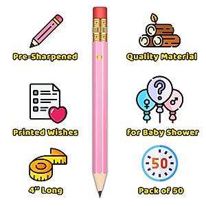 Vusnud 50 Packs - Baby Shower Sharpened Half Pencils with Erasers, Pre-sharpened Pencils for Baby Shower Games, 4 Inches