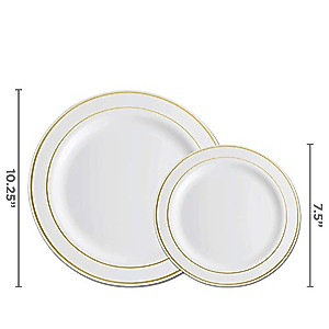 Munfix 700 Piece Gold Dinnerware Set - 200 Gold Rim Plates - 300 Gold Silverware - 100 Gold Plastic Cups - 100 Linen Like Gold Paper Napkins, 100 Guest Disposable, Gold