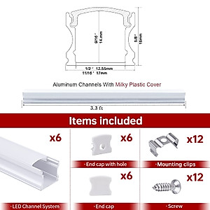 Muzata 6Pack 3.3FT/1M Deeper Spotless LED Channel System with Milky White Frosted Diffuser Silver Deep Aluminum LED Diffuser Channel for LED Strips Width up to 12mm U101 WW