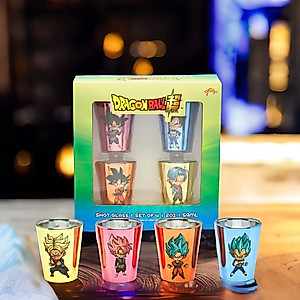 JUST FUNKY Dragon Ball Super Mini Glass Set | 2 Oz Shot Glasses Set of 4 | Featuring Trunks, Goku Black, Goku, and Vegeta Including their Super forms | Officially Licensed