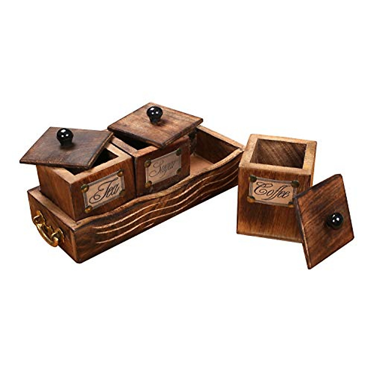 Wooden Handcrafted Tea Sugar Coffee 3 Canister Set with holder for Food Storage, Rustic Vintabe Farmhouse Country Home Décor - 10.5 x4 x4 Inches - Burnt